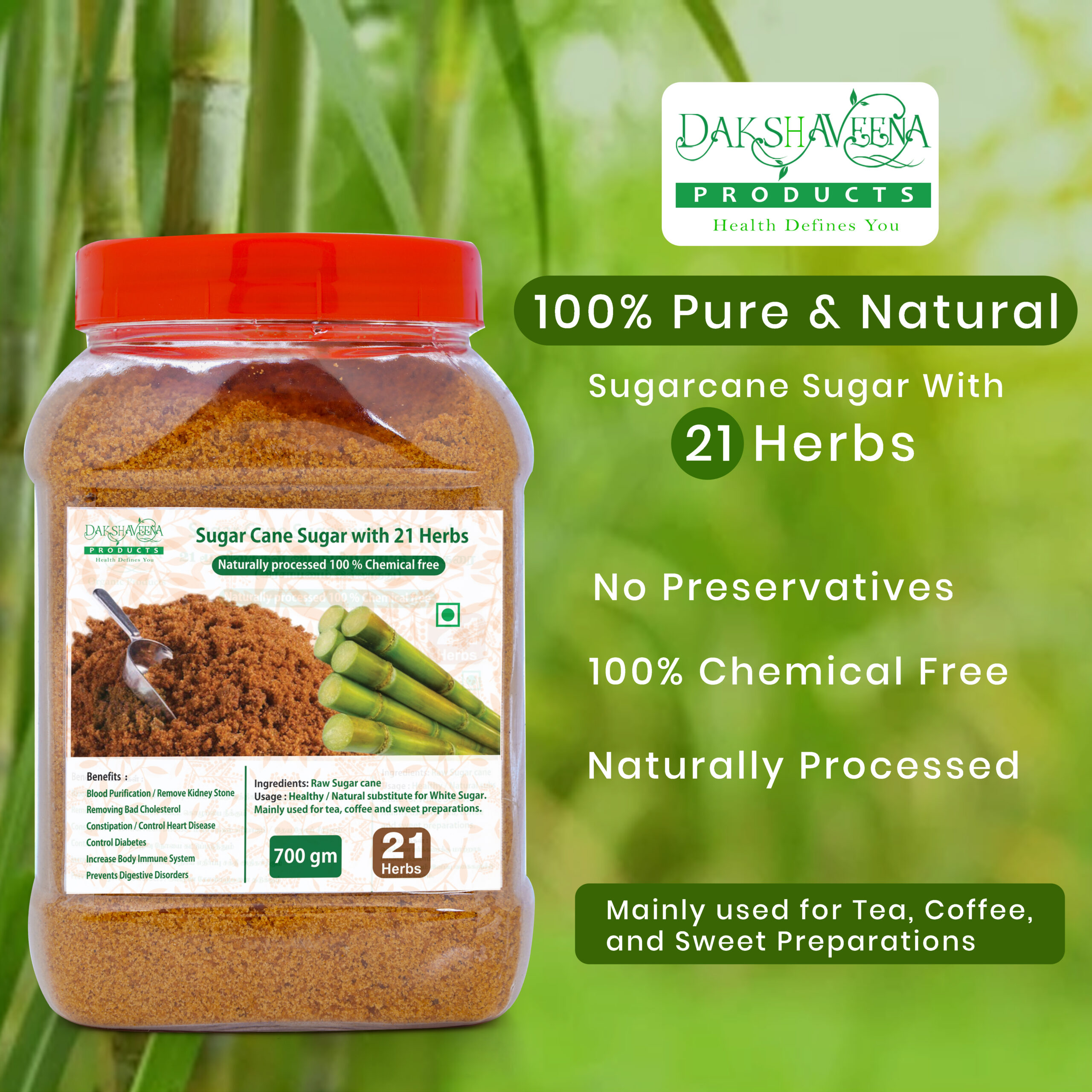 Sugarcane Sugar with 21 Herbs 700g Bottle – Dakshaveena